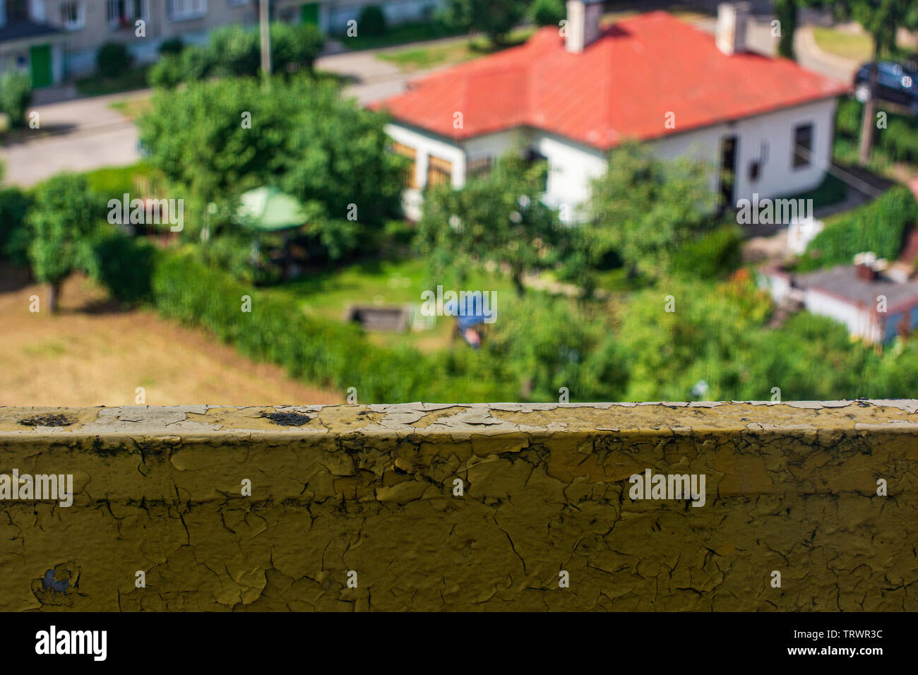 stone brick concrete building details in green countryside landscape ...