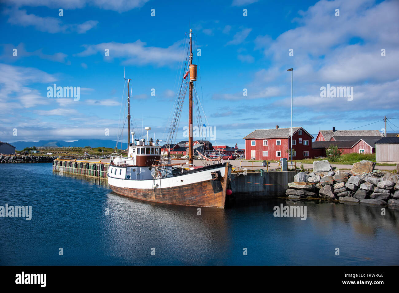 Little harbour in Laukvik at Austvågøya at the Lofoten Islands in ...