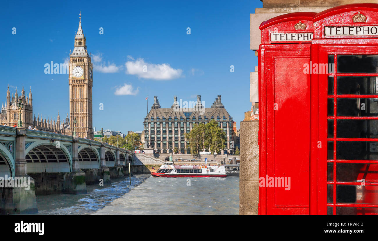 London symbols, Big Ben and Red Phone Booths with boat on river in ...