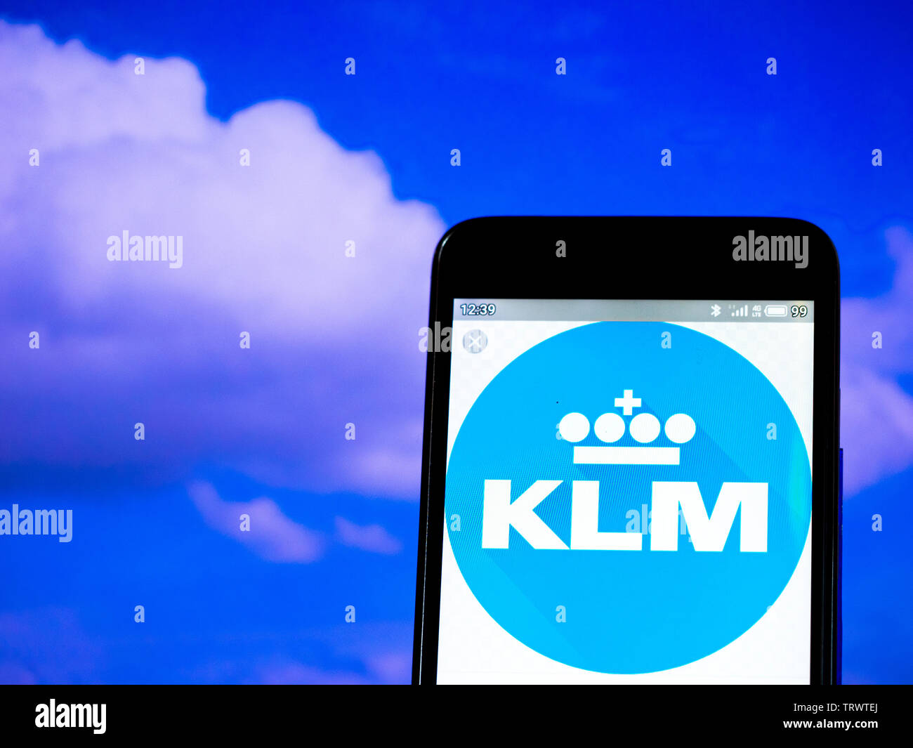 In this photo illustration the KLM Royal Dutch Airlines logo is seen ...