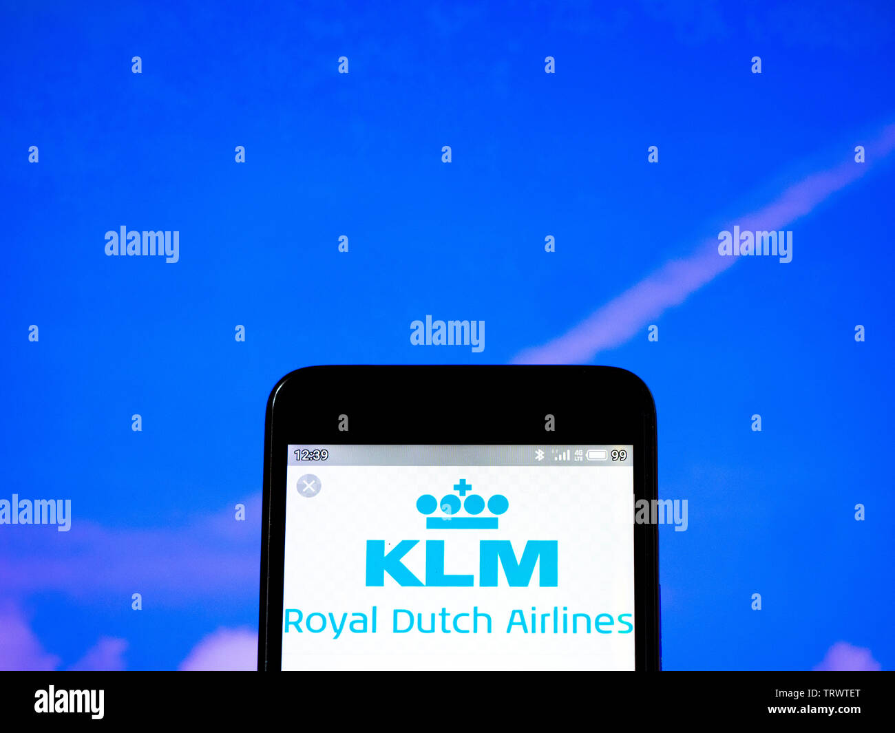 In this photo illustration the KLM Royal Dutch Airlines logo is seen ...