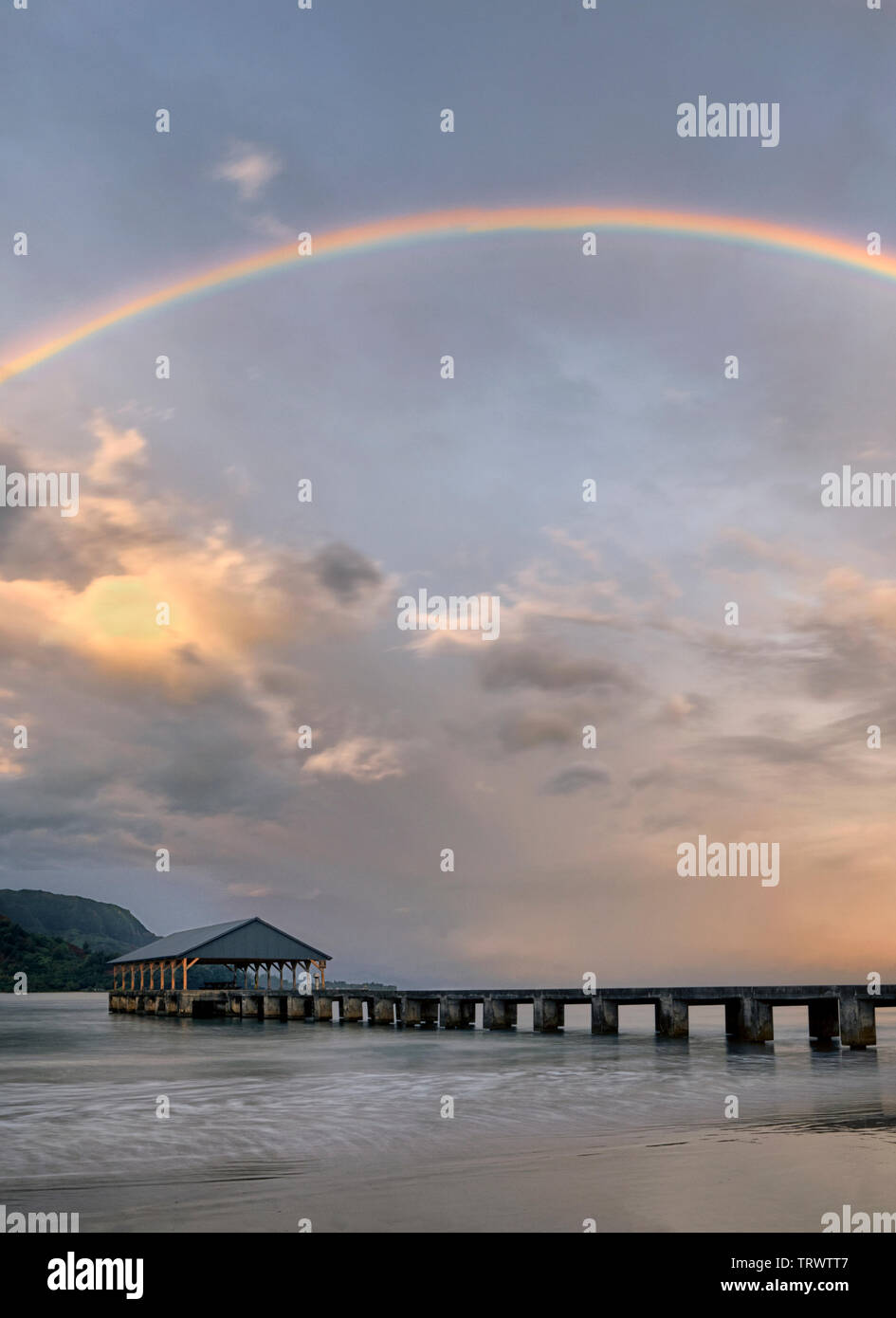 Hanalei Pier, Bay and Bali Hai with rainbow. (Mekana Mountain) Kauai ...