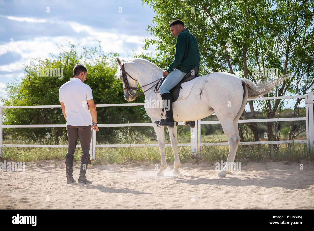 Young man teaching black guy to ride horse in paddock on cloudy day on ...