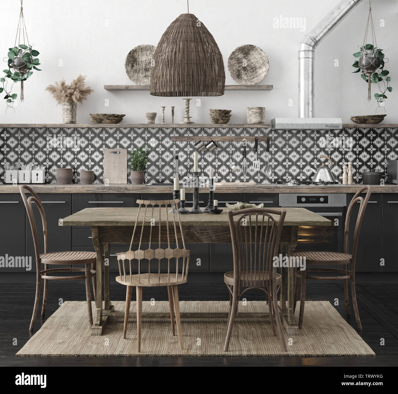 Ethnic kitchen interior, 3d render Stock Photo - Alamy