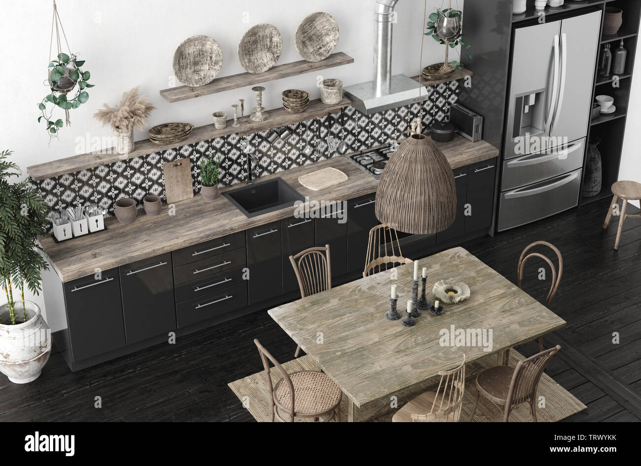 Ethnic kitchen interior, 3d render Stock Photo - Alamy