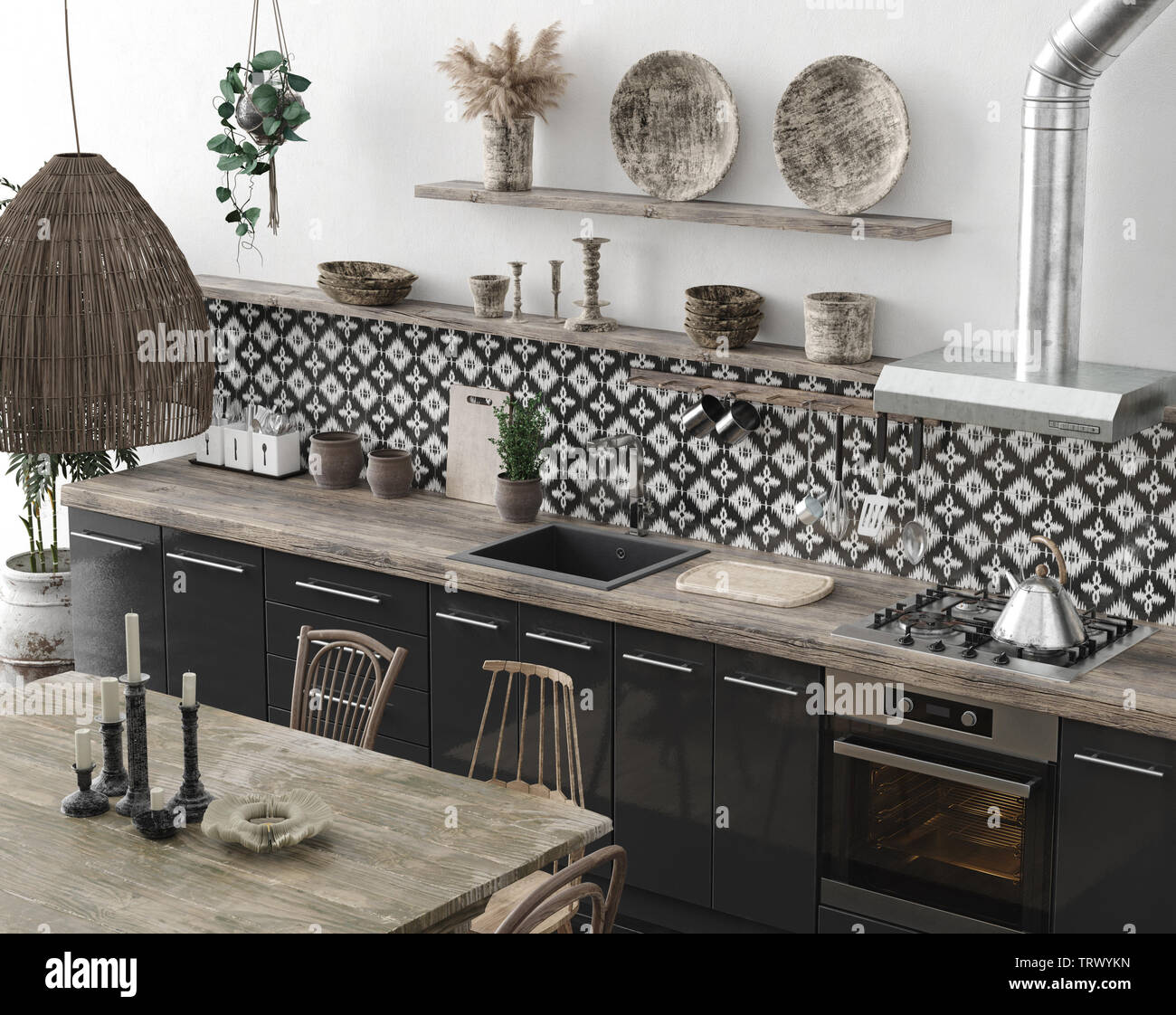 Ethnic kitchen interior, 3d render Stock Photo - Alamy