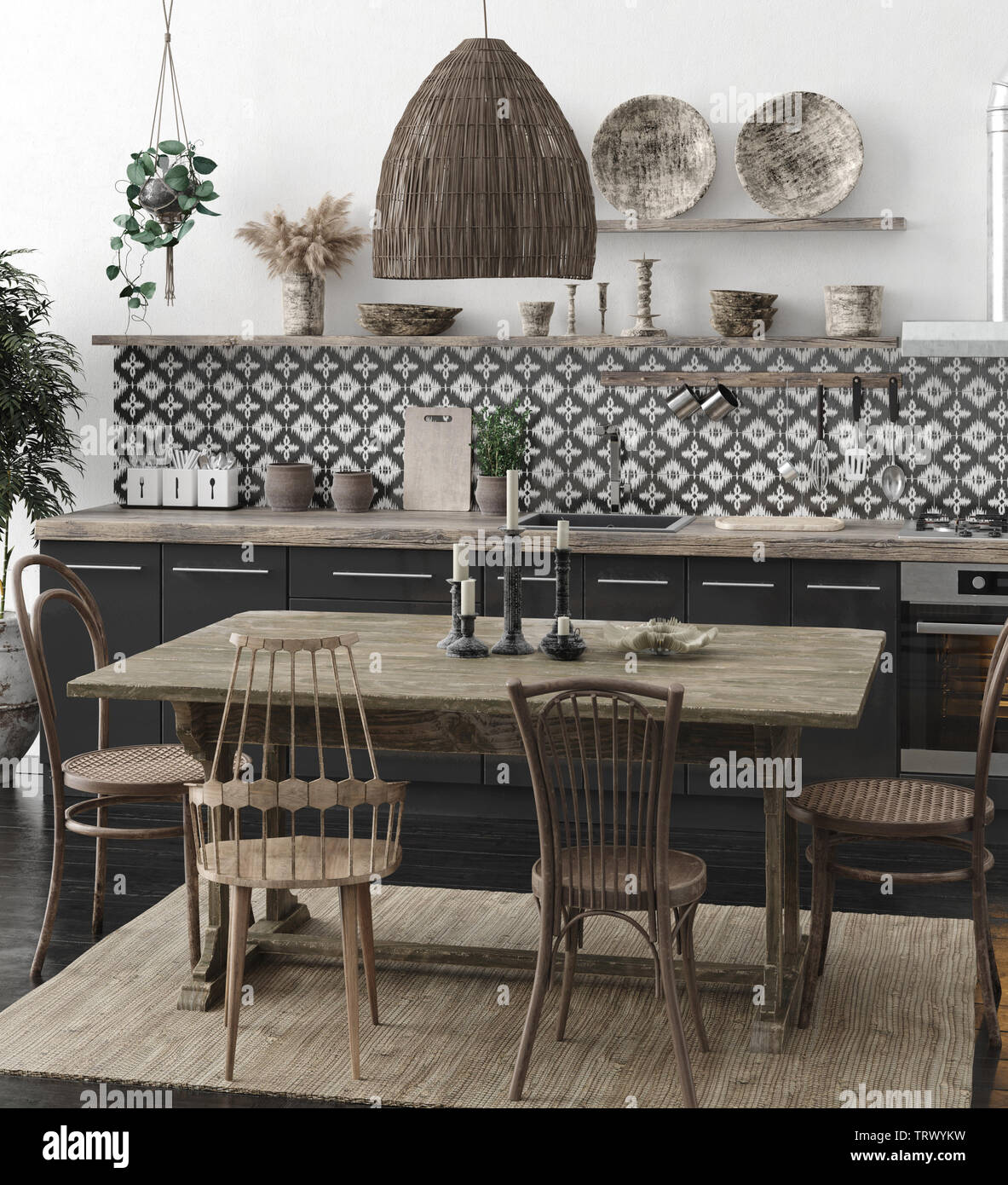 Ethnic kitchen interior, 3d render Stock Photo - Alamy