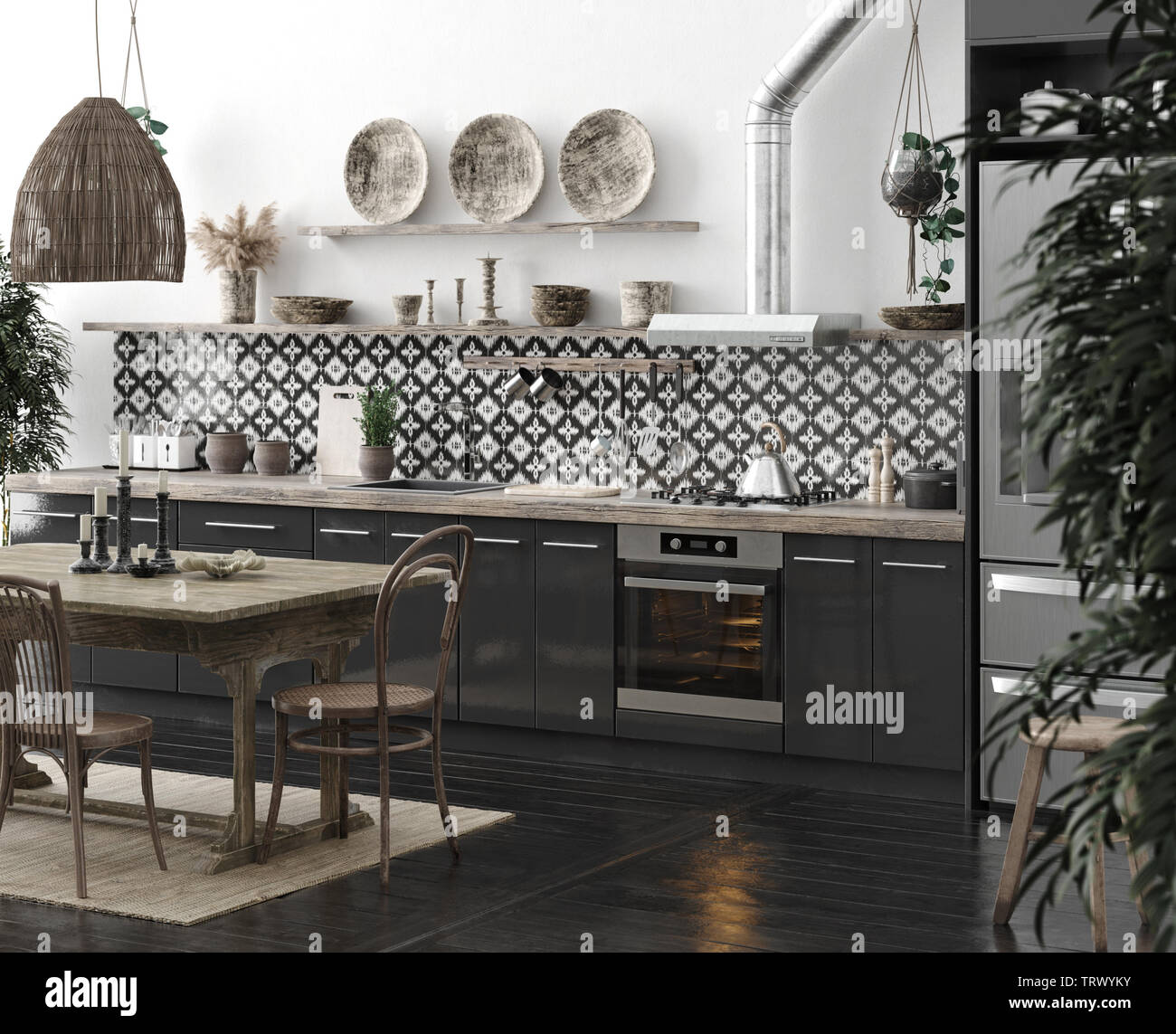 Ethnic kitchen interior, 3d render Stock Photo - Alamy