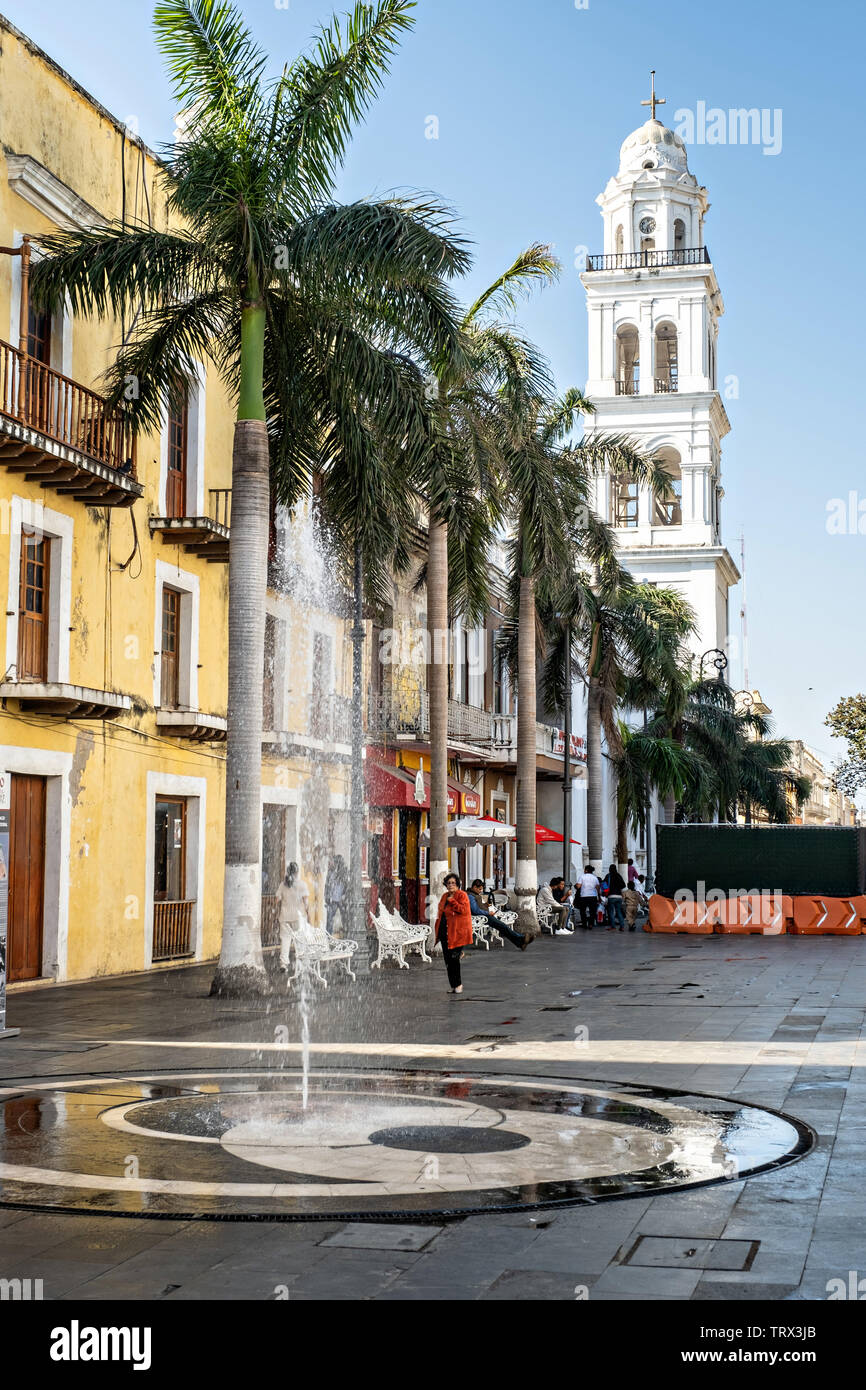 The Cathedral of Veracruz towers above the palm trees lining the Plaza ...