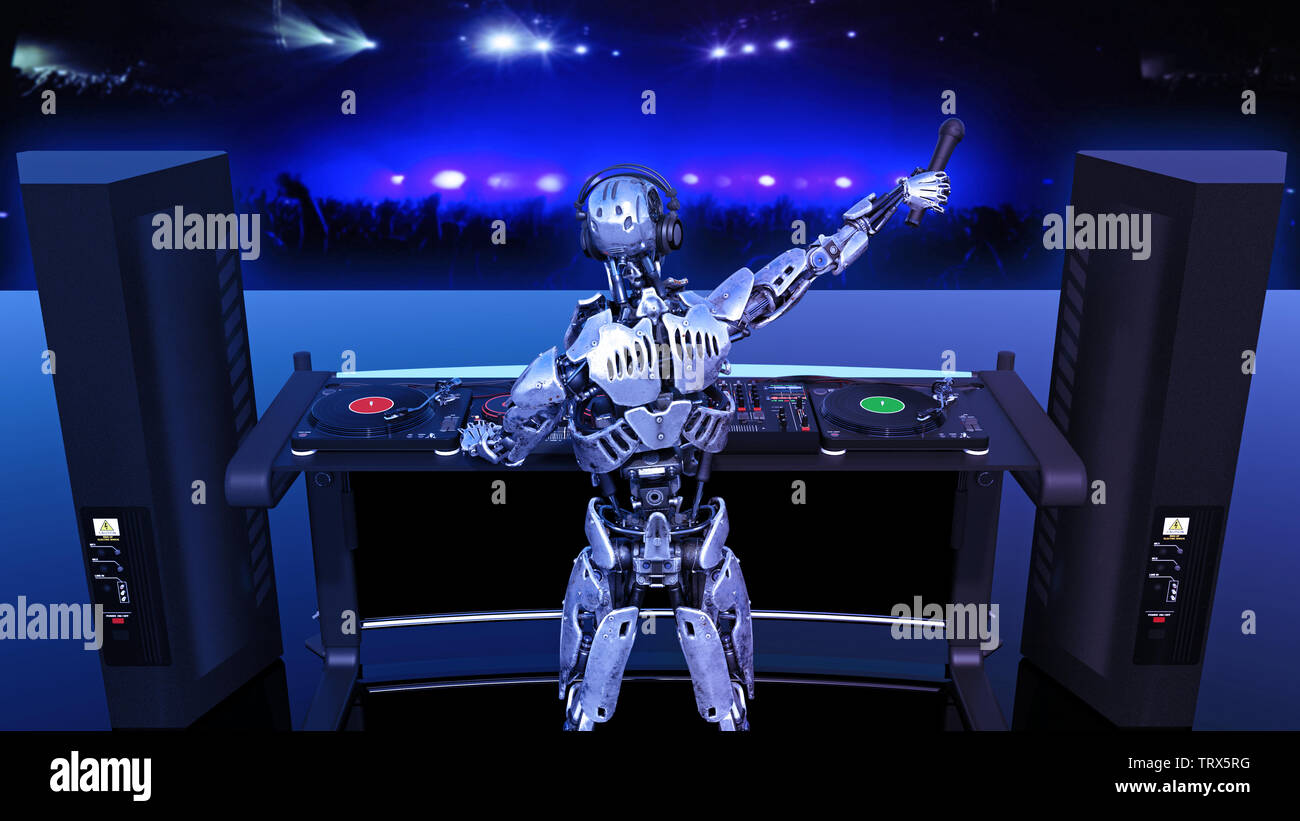 DJ Robot, disc jockey cyborg with microphone playing music on ...