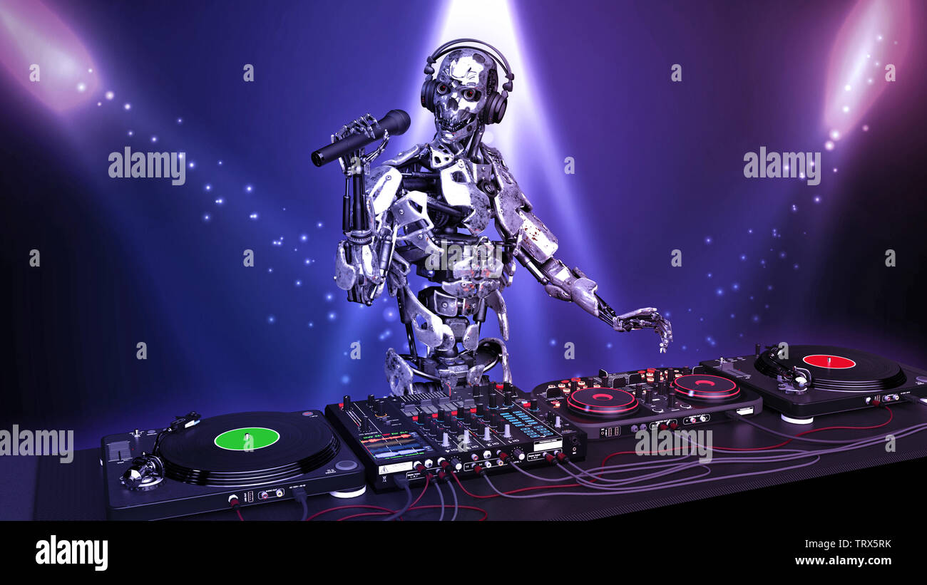 DJ Robot, disc jockey cyborg with microphone playing music on ...