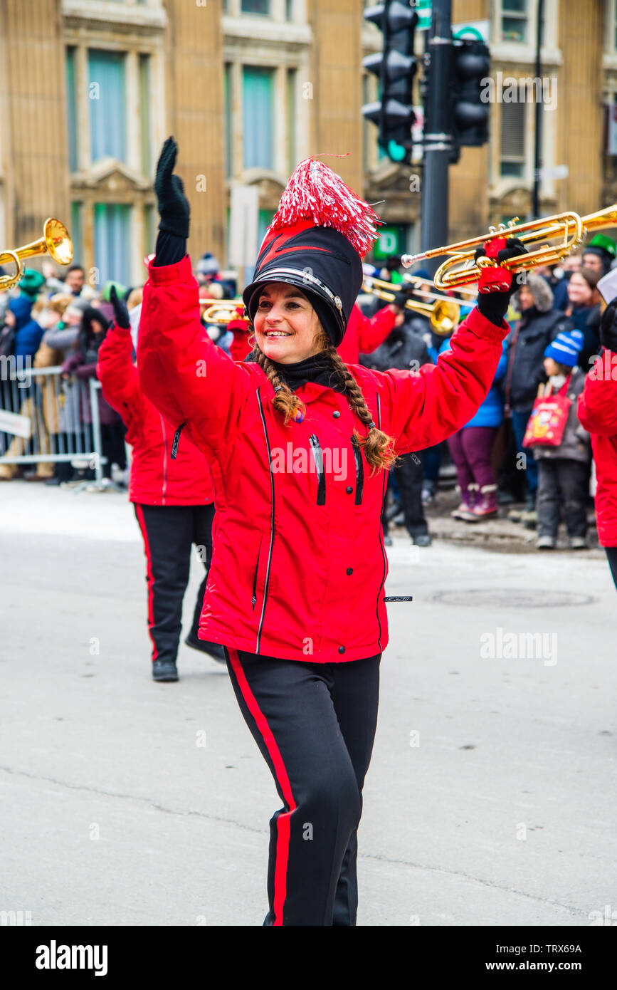 Marching band with uniform parading in the Saint Patrick Day in ...