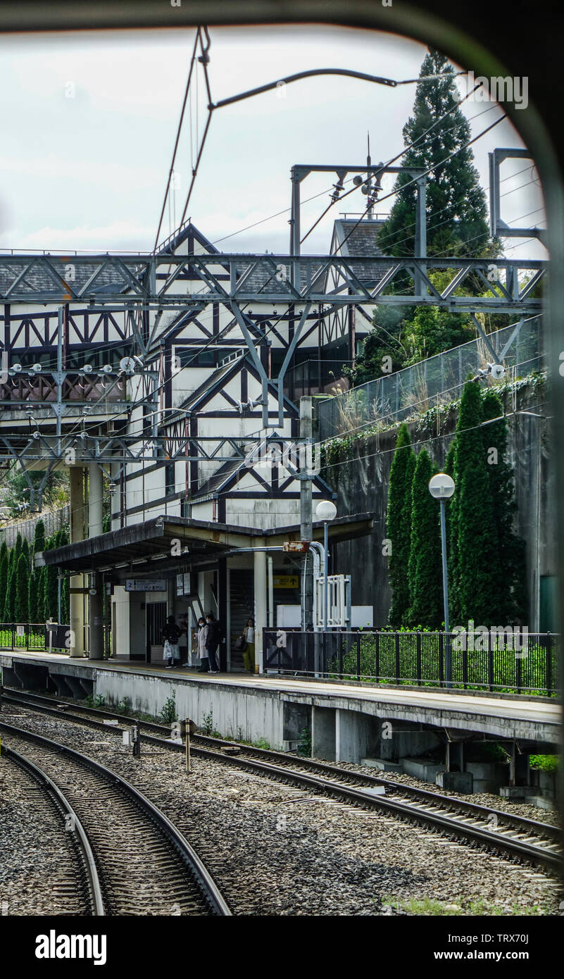Osaka, Japan - Apr 12, 2019. Empty rail tracks at countryside in Osaka ...