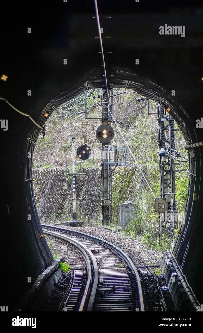 Osaka, Japan - Apr 12, 2019. Empty rail tracks at countryside in Osaka ...