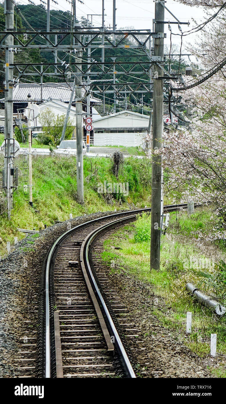 Osaka, Japan - Apr 12, 2019. Empty rail tracks at countryside in Osaka ...