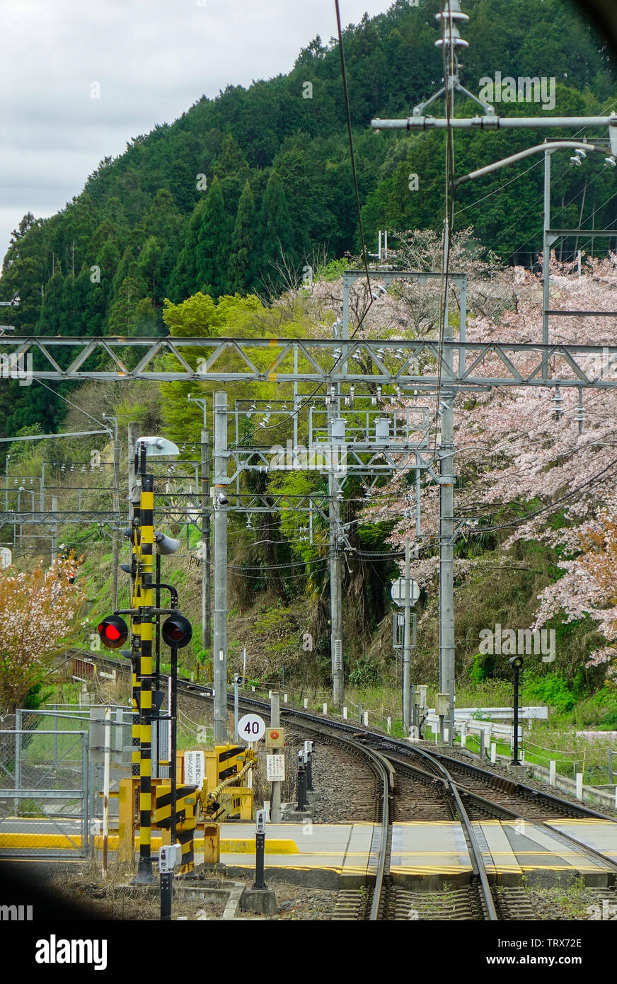 Osaka, Japan - Apr 12, 2019. Empty rail tracks at countryside in Osaka ...