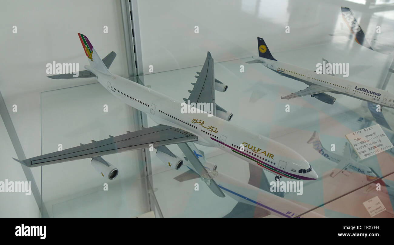 Osaka, Japan - Apr 18, 2019. Toy model airplane (Airbus A340 Gulf Air ...