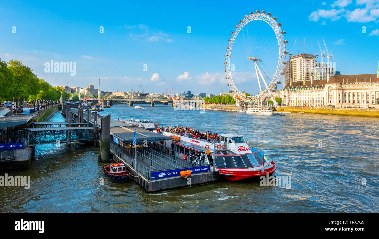 London, UK - May 13 2018: The London Eye is a cantilevered observation ...
