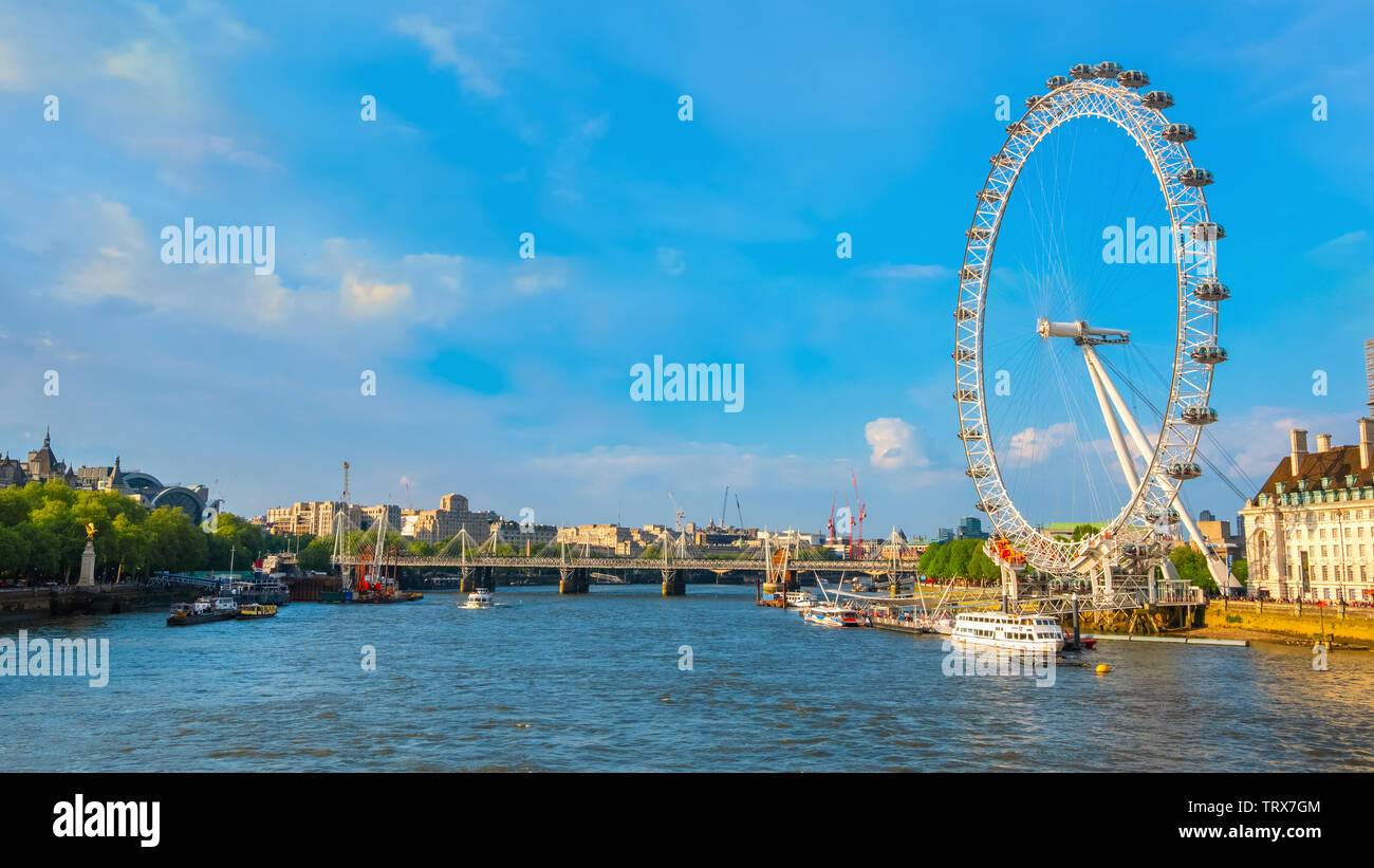London, UK - May 13 2018: The London Eye is a cantilevered observation ...