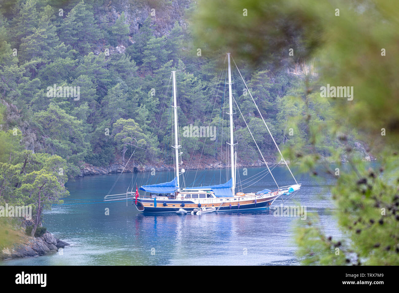 A classic traditional wooden Turkish pleasure yacht anchored in the ...
