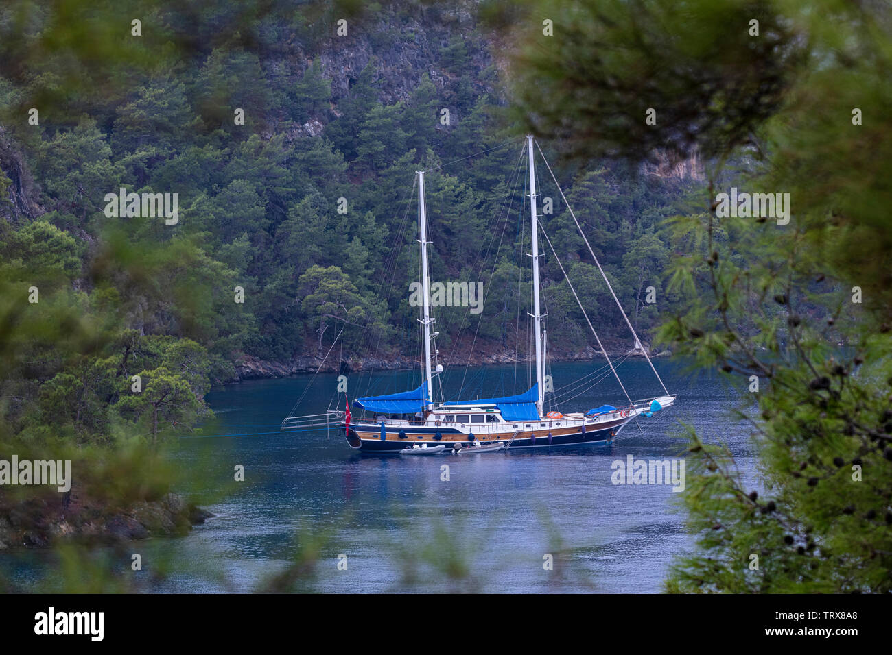 A classic traditional wooden Turkish pleasure yacht anchored in the ...