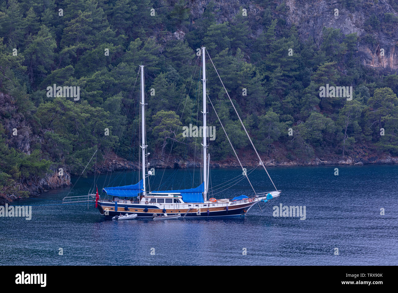 A classic traditional wooden Turkish pleasure yacht anchored in the ...