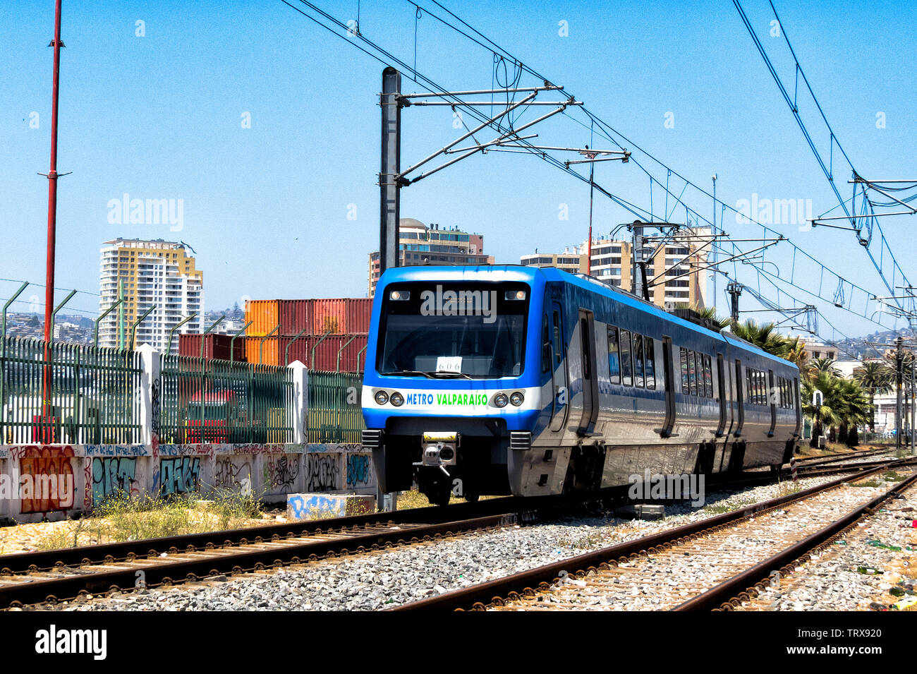 VALPARAISO, CHILE - FEBRUARY 2015: A MERVAL train entering a station ...