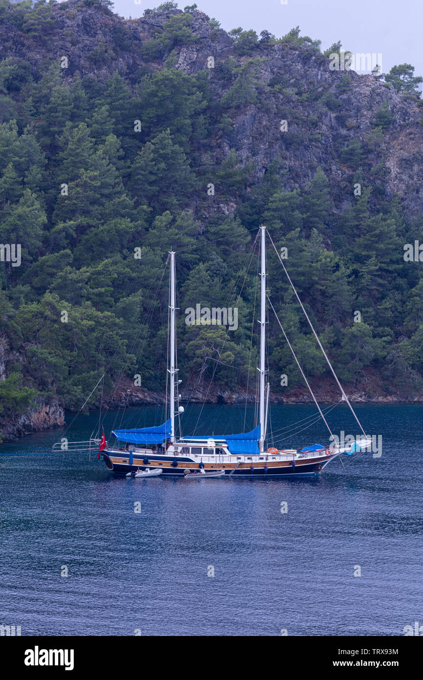 A classic traditional wooden Turkish pleasure yacht anchored in the ...