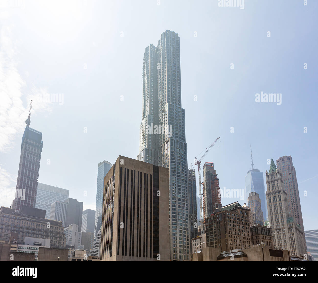 New York city skyline. Aerial view of Manhattan skyscrapers, blue sky ...