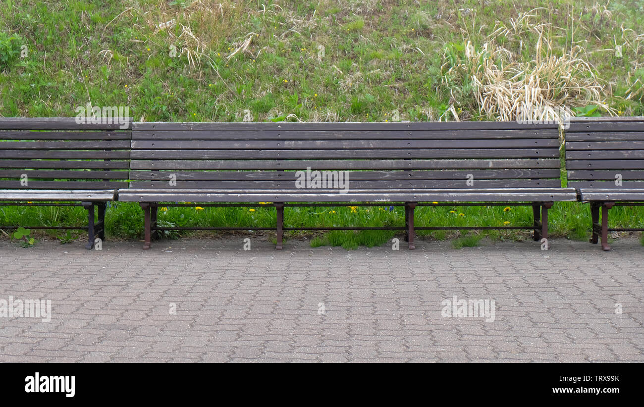 Empty wooden benches in a park, in front of a small slope with grass ...