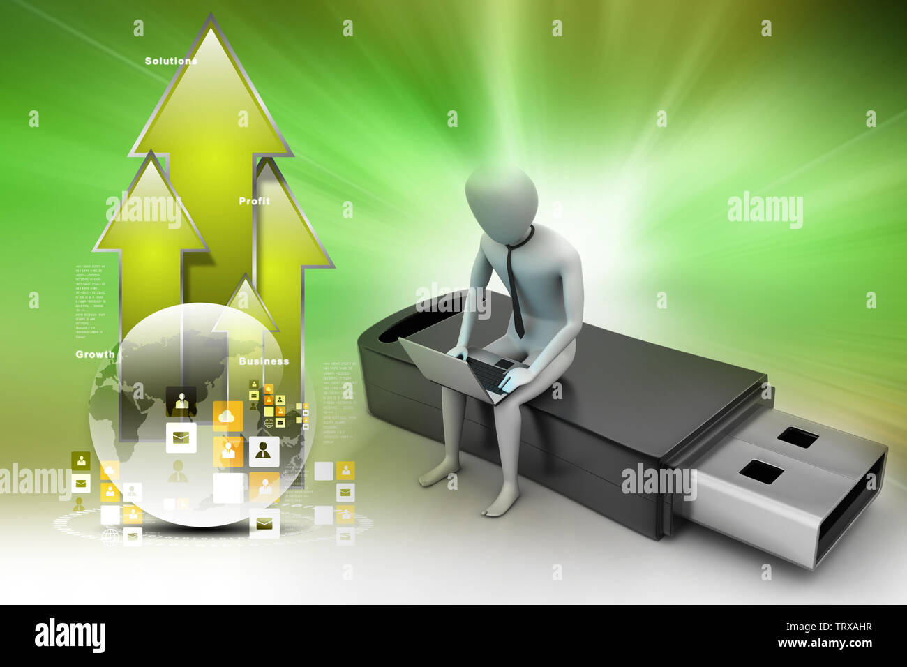 3d man and laptop sitting usb Stock Photo - Alamy
