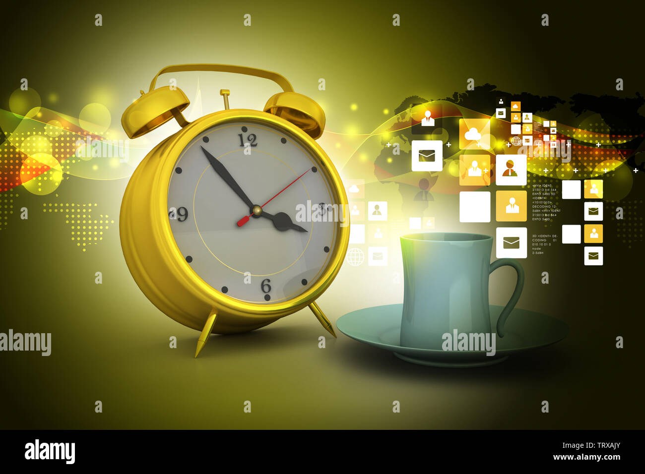 Alarm clock with cup of tea Stock Photo - Alamy