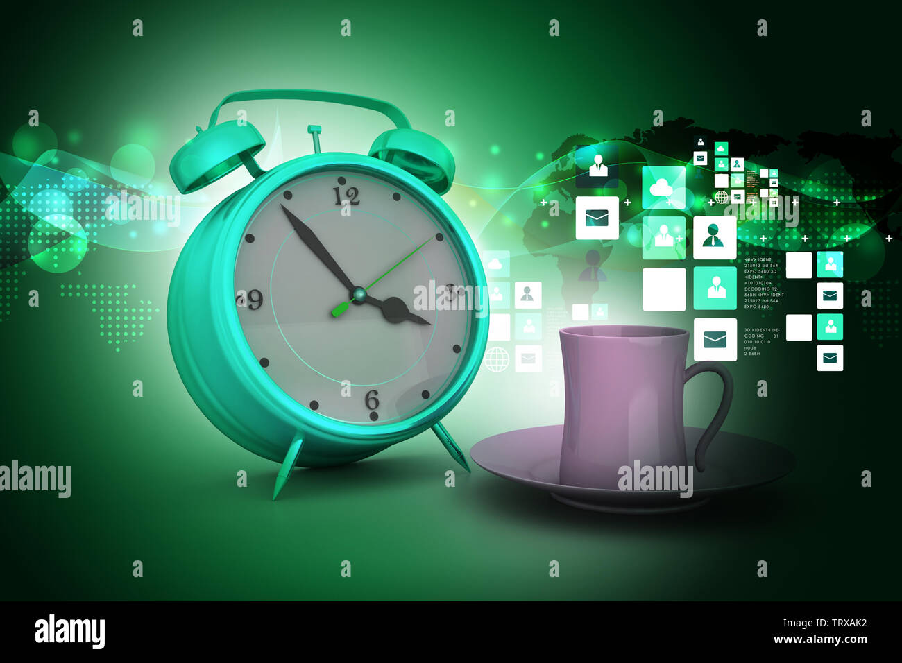 Alarm clock with cup of tea Stock Photo - Alamy