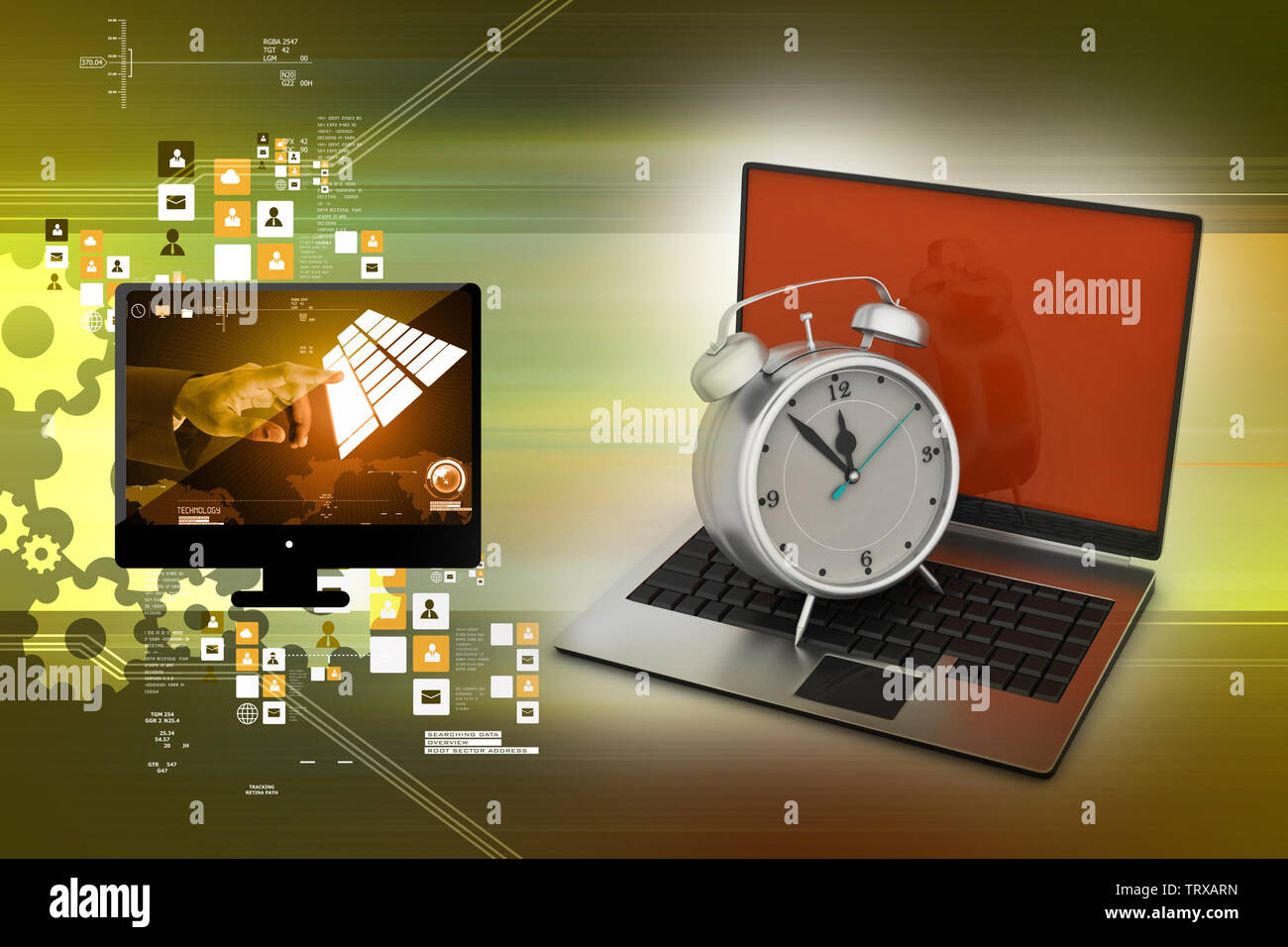 Laptop with alarm clock Stock Photo - Alamy