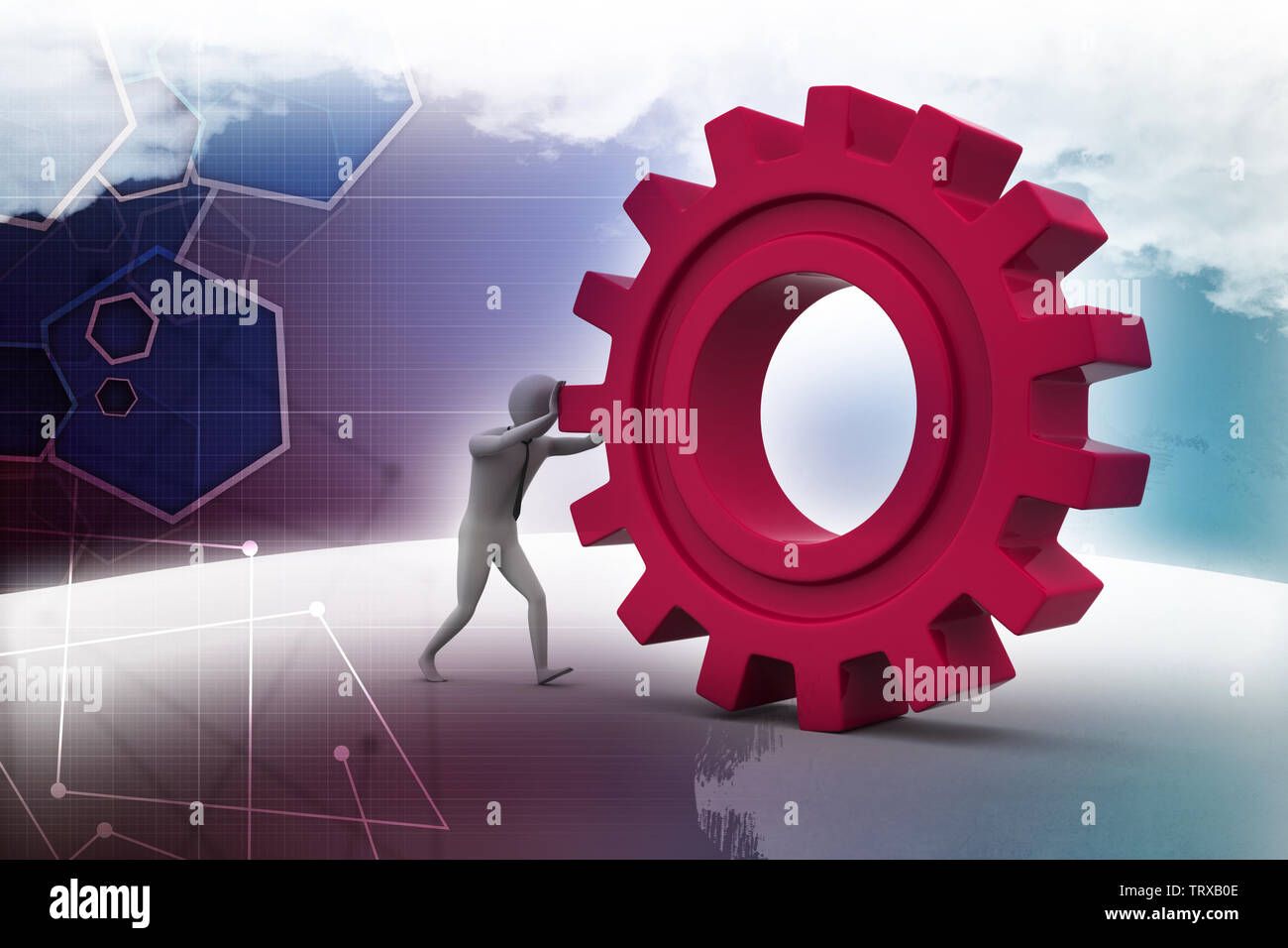 3d man pushing the gear Stock Photo - Alamy