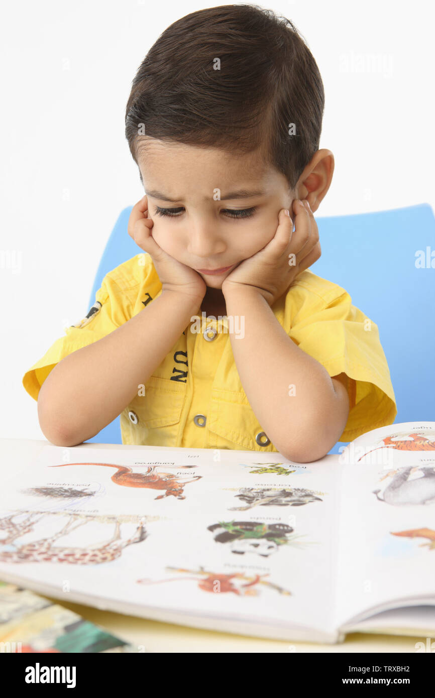 Indian boy reading a book Stock Photo - Alamy