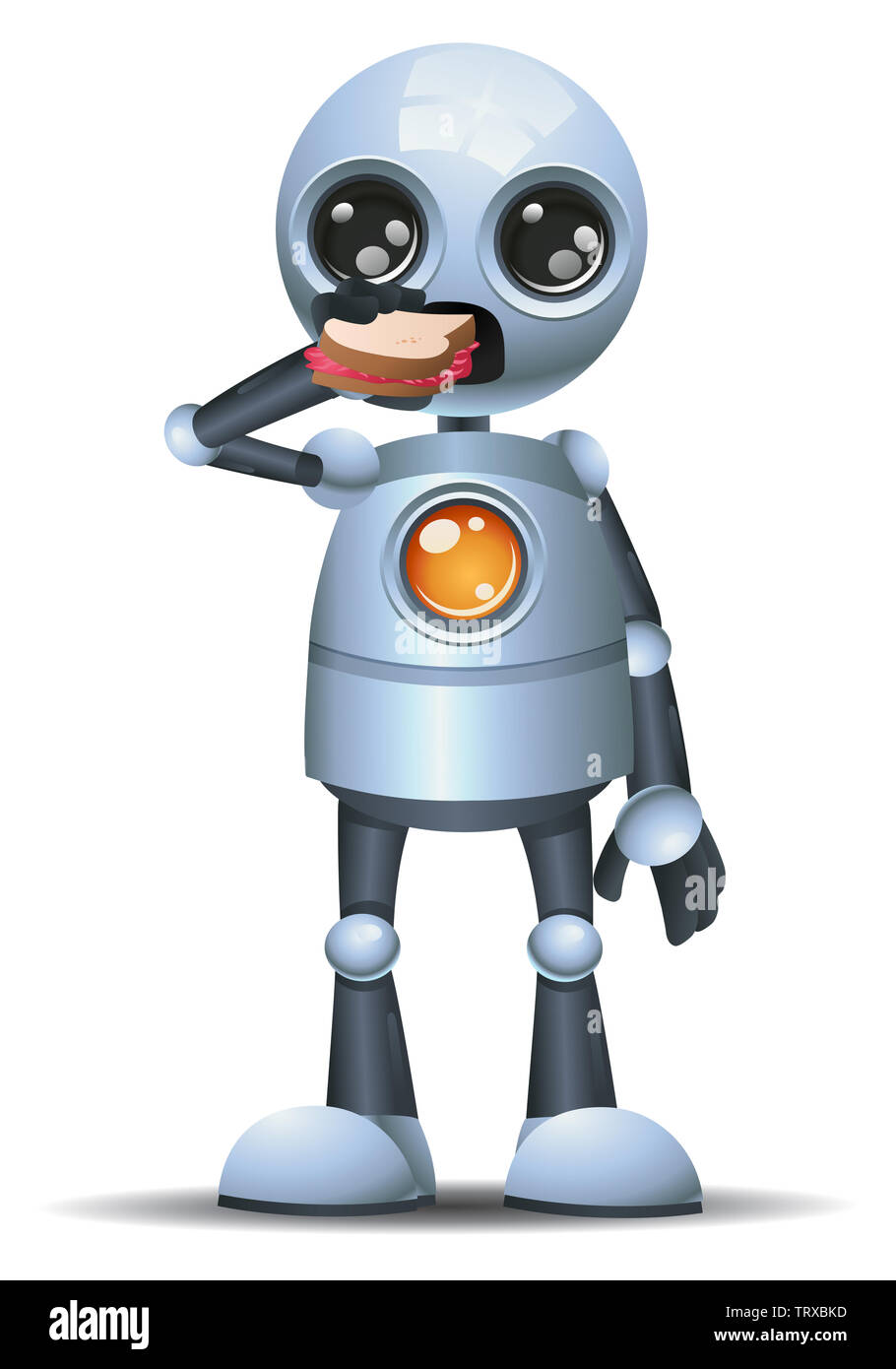 3D illustration of a little robot eating sandwich on isolated white ...