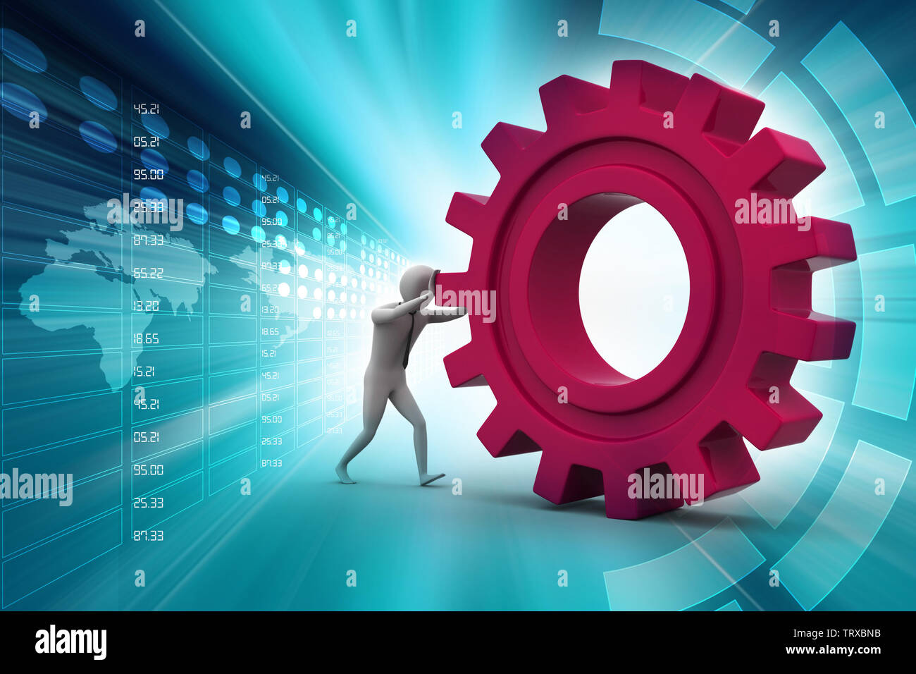 3d man pushing the gear Stock Photo - Alamy