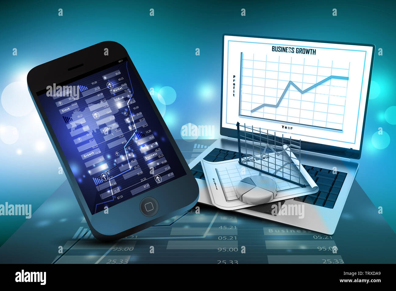 Laptop showing a spreadsheet and a paper with statistic charts Stock ...