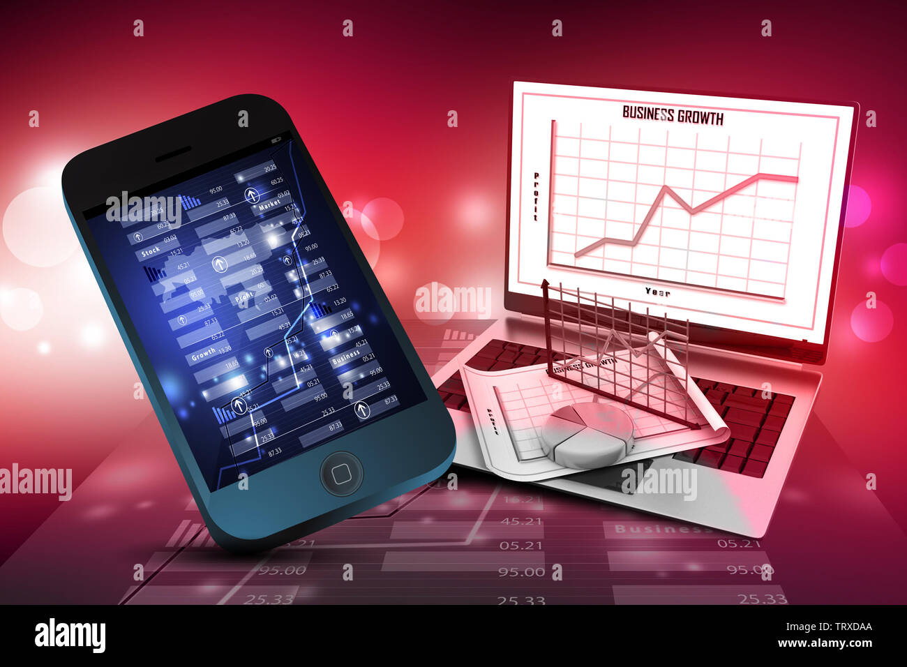 Laptop showing a spreadsheet and a paper with statistic charts Stock ...