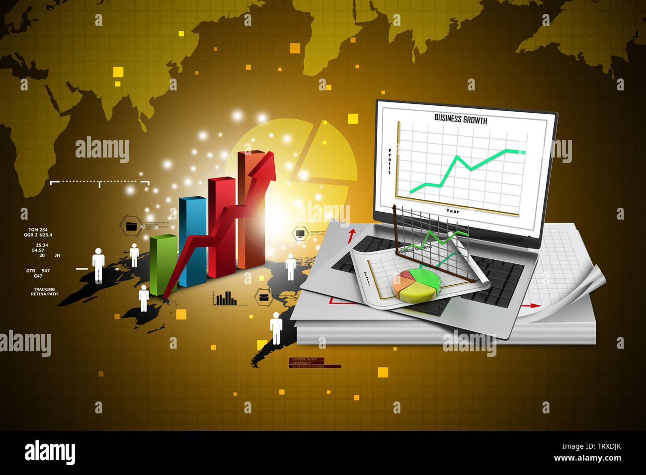 Laptop showing a spreadsheet and a paper with statistic charts Stock ...