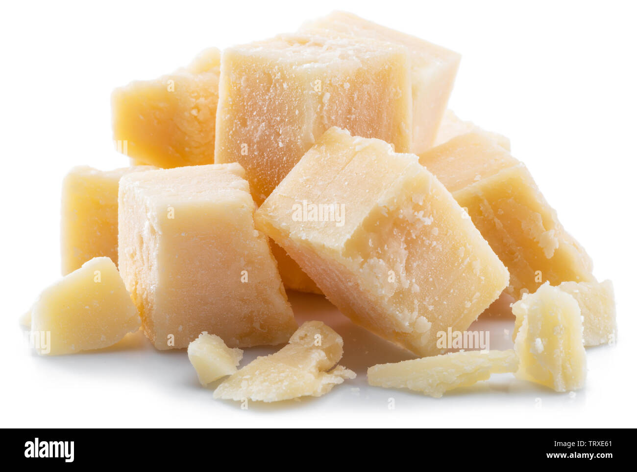Parmesan cheese cubes isolated on white background Stock Photo - Alamy