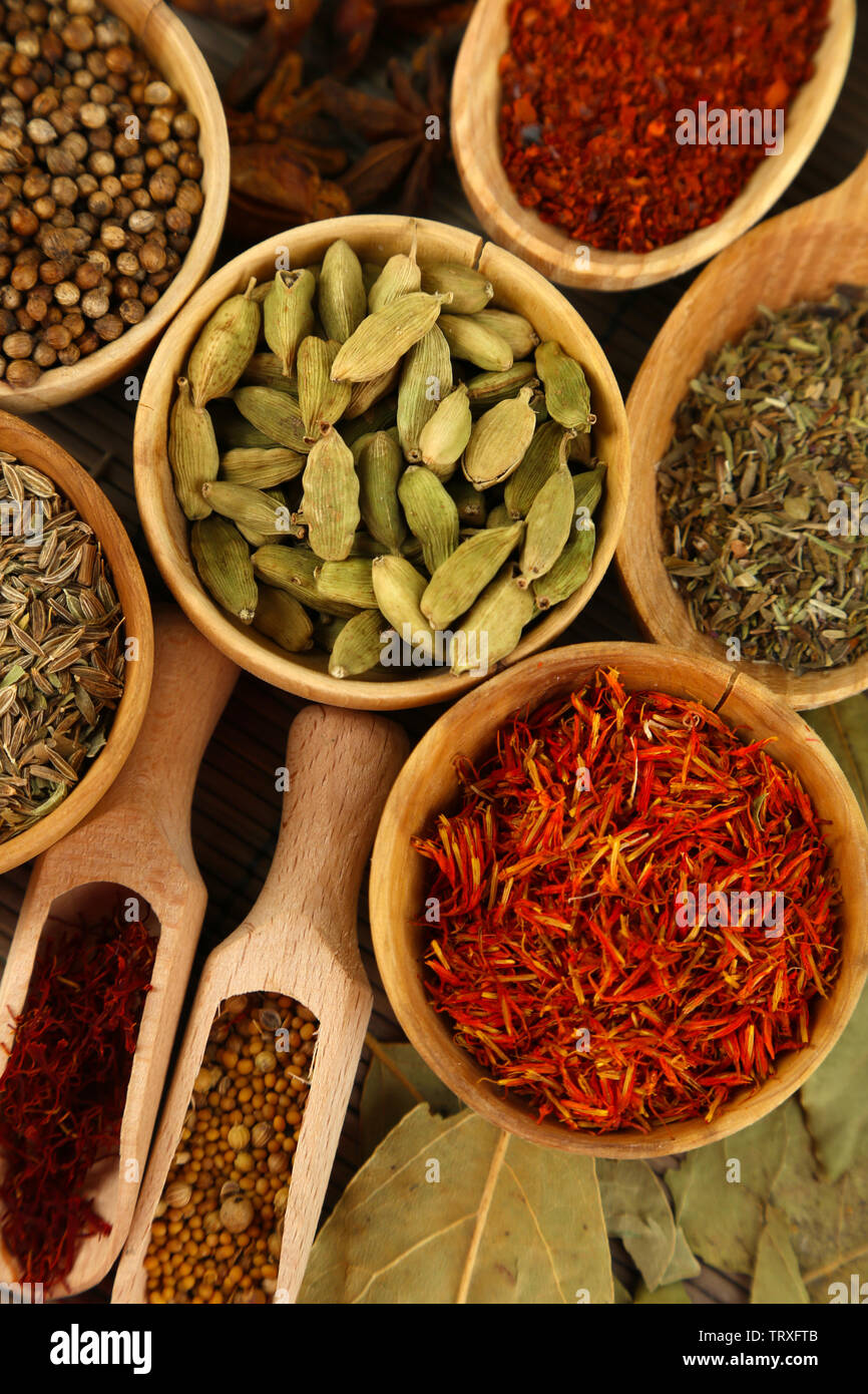 Many different spices and fragrant herbs close-up background Stock ...