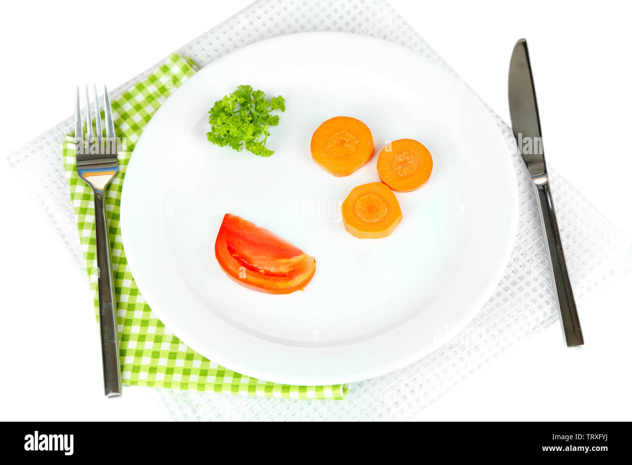 Small portion of food on big plate isolated on white Stock Photo - Alamy