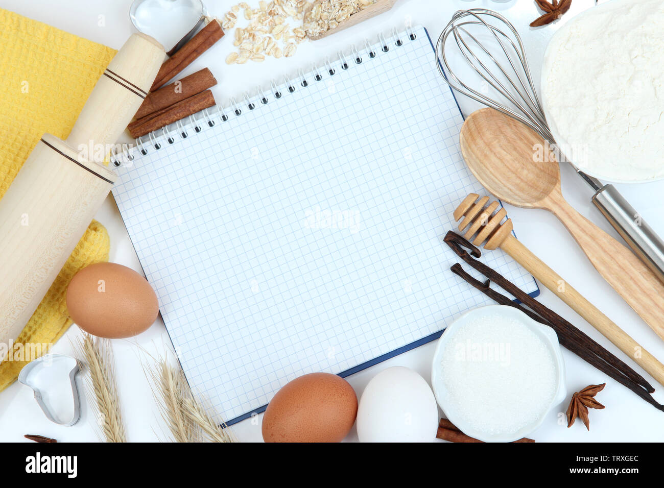 Cooking concept. Basic baking ingredients and kitchen tools close up ...