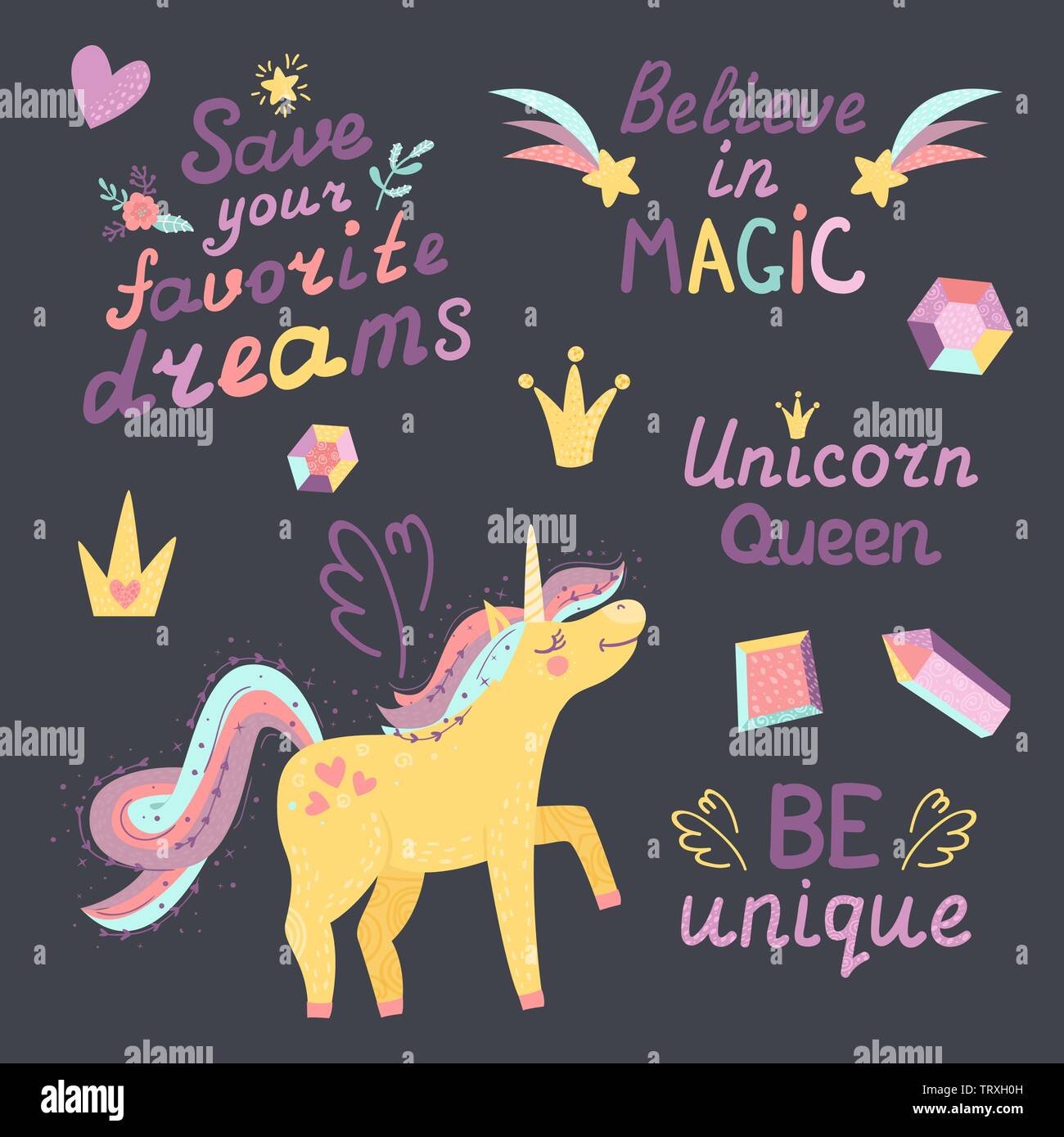 Set of fantasy unicorn, crystal, crown and lettering. Vector ...