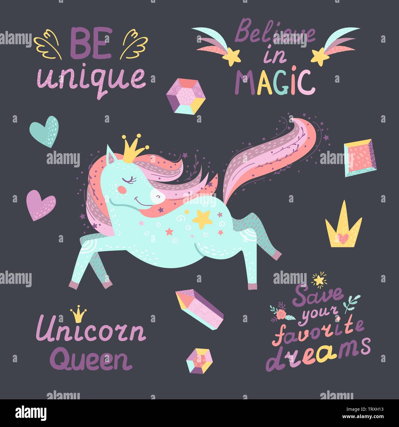 Set of fantasy unicorn, crystal, crown and lettering. Vector ...
