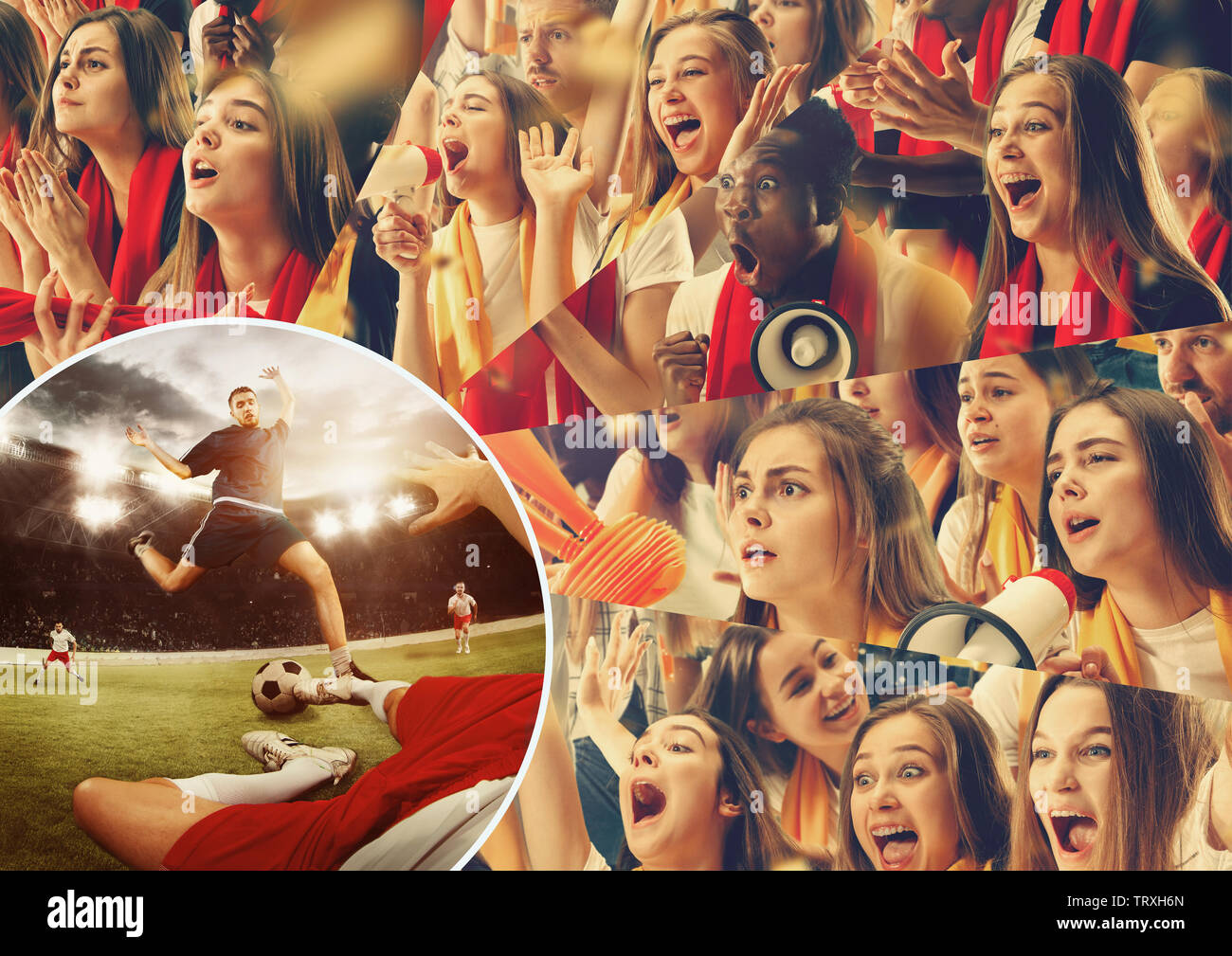 Group of happy fans are cheering for their team victory. Male and ...