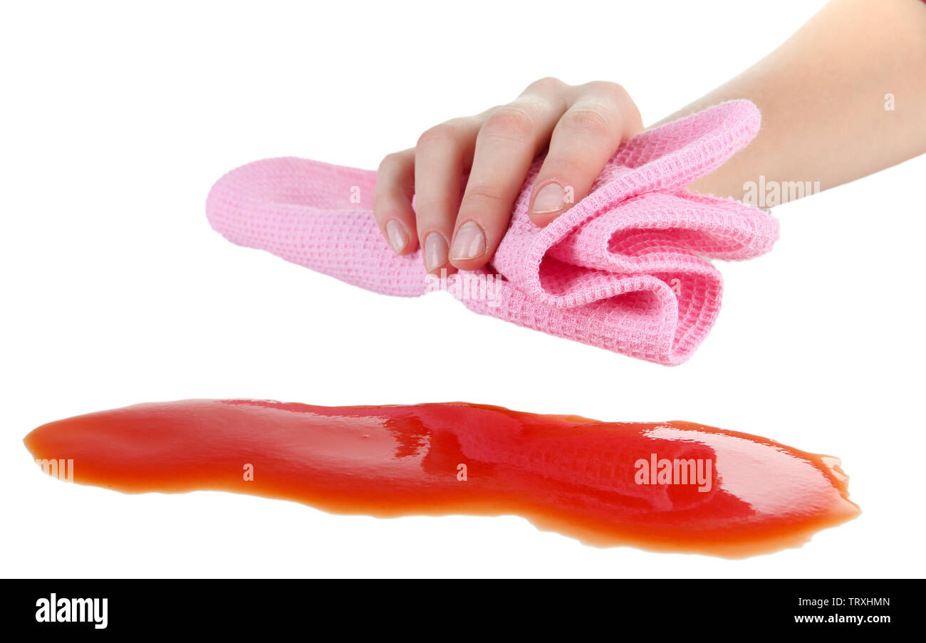 Hand wiping surface with pink rag isolated on white Stock Photo - Alamy