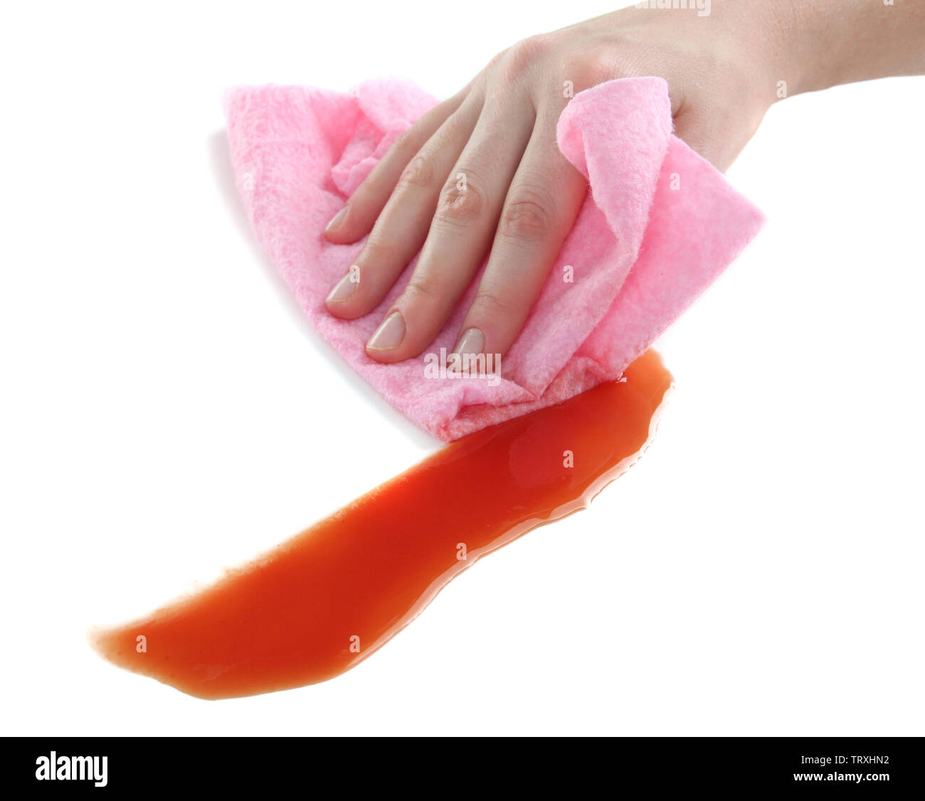 Hand wiping surface with pink rag isolated on white Stock Photo - Alamy